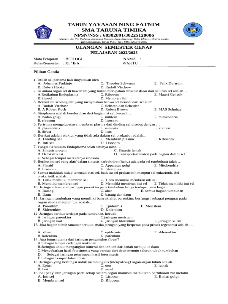 Soal Bio, Kelas 11 Sem 1 2023 | PDF | Sains & Matematika