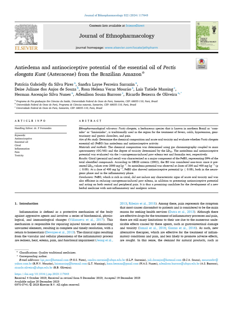 Pectis Elongata Oil: Antiedema & Pain Relief | PDF | Opioid | Anti ...