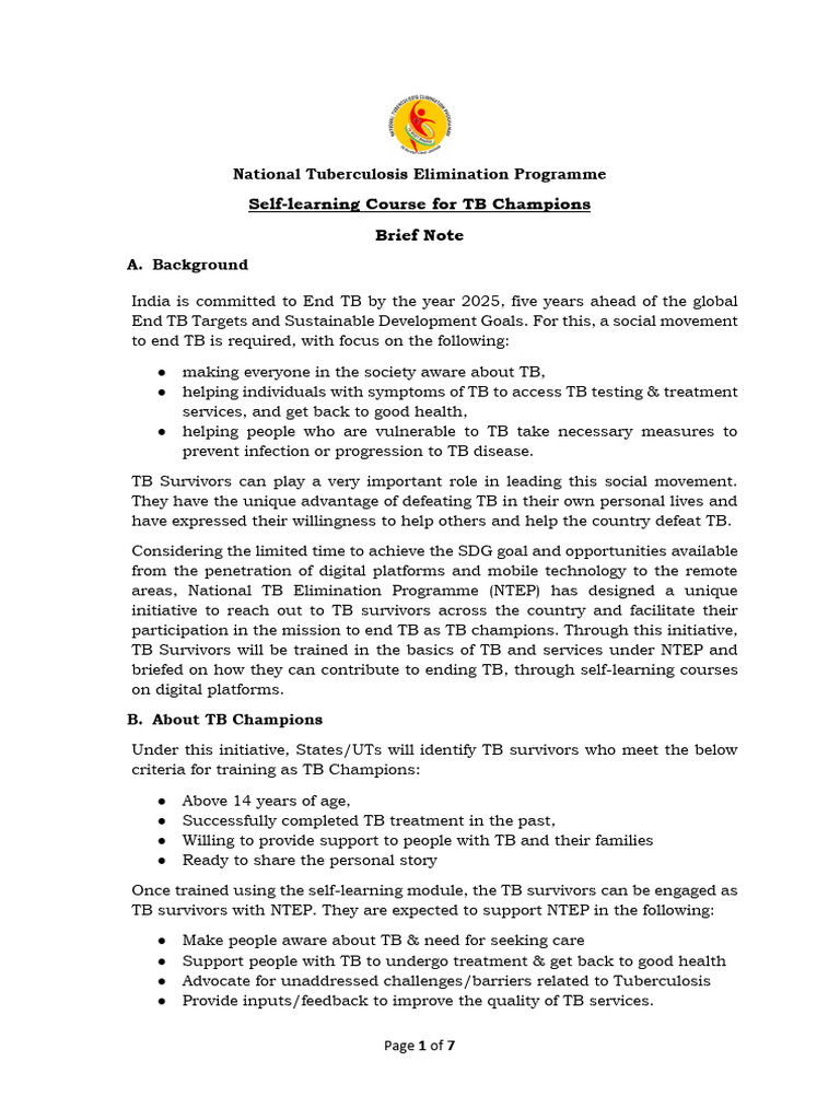 Brief Note On Self-Learning Training For TB Survivors As TB Champions ...