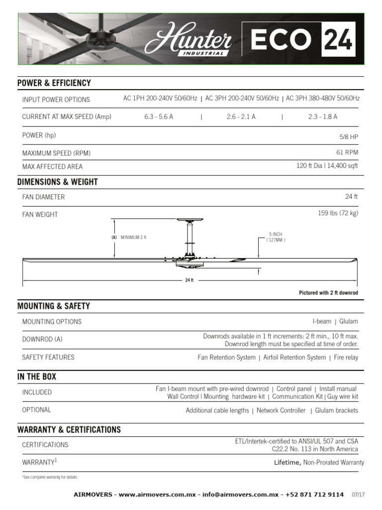 Hunter ECO 24 HVLS Spec Sheet | PDF | Manufactured Goods