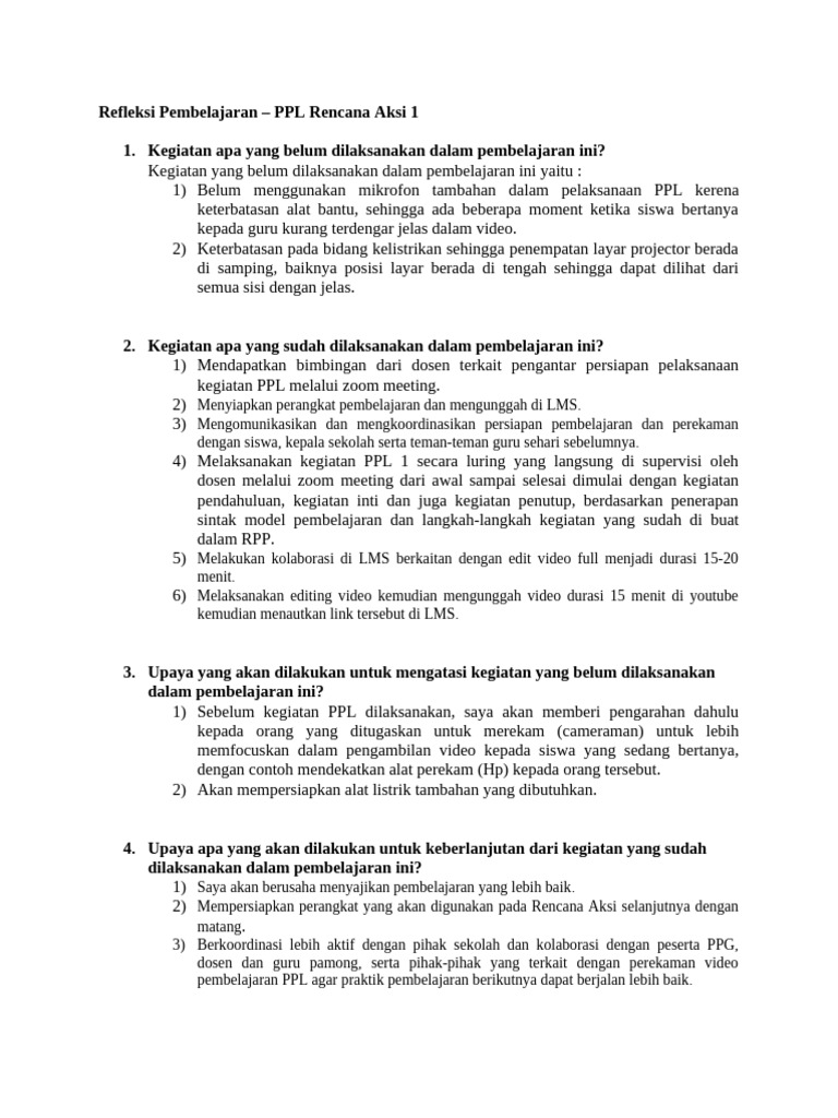 Refleksi PPL: Rencana Aksi Pembelajaran | PDF