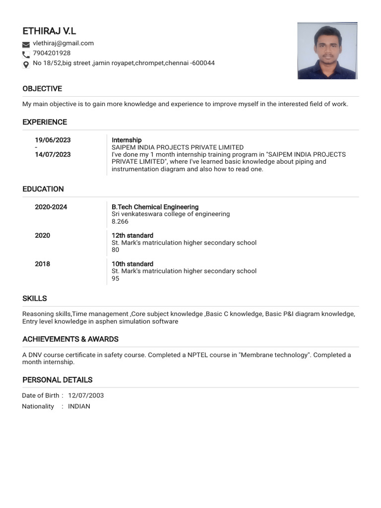 Chemical Engineering Internship Resume | PDF