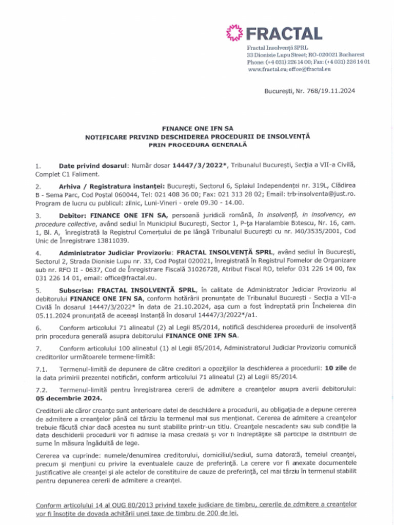 6666 Finance One IFN SA Notificare Deschidere Procedura Generala de ...