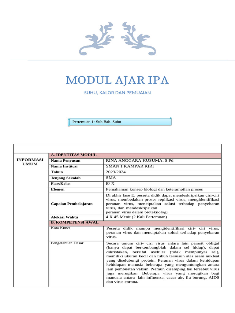 Modul Ajar Virus dan Pembelajaran IPA | PDF