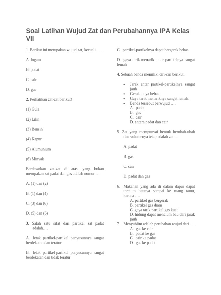 Soal Latihan Wujud Zat Dan Perubahannya IPA Kelas VII Semester 1 | PDF
