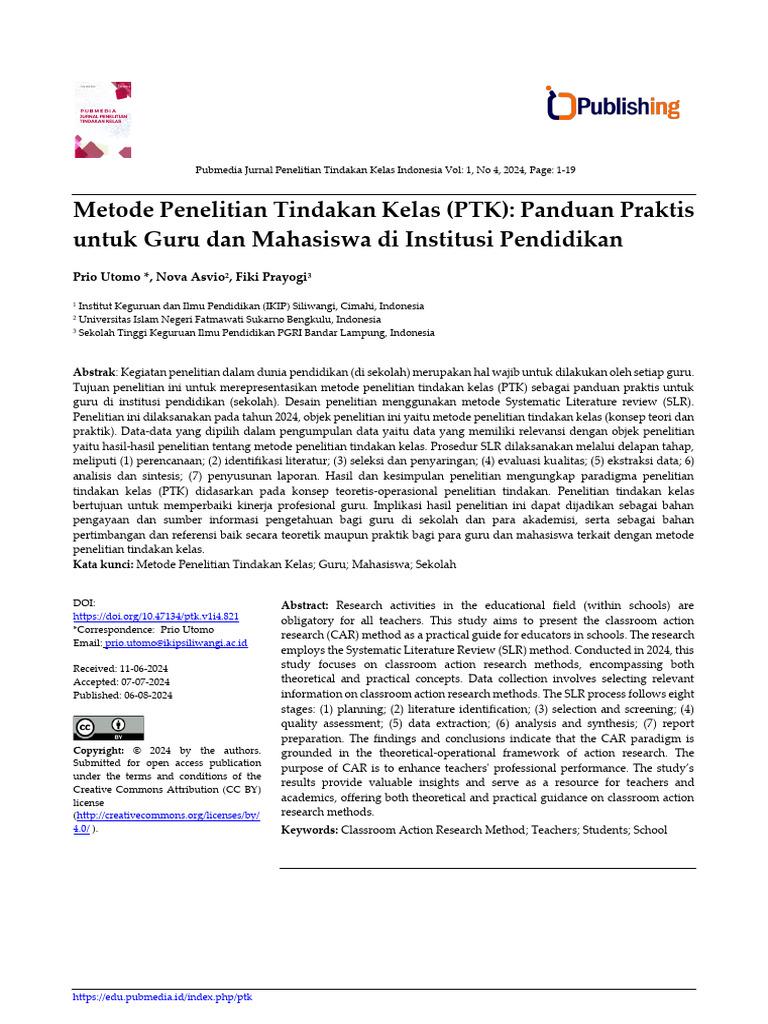 Metode Penelitian Tindakan Kelas (PTK) - Template Pubmedia | PDF