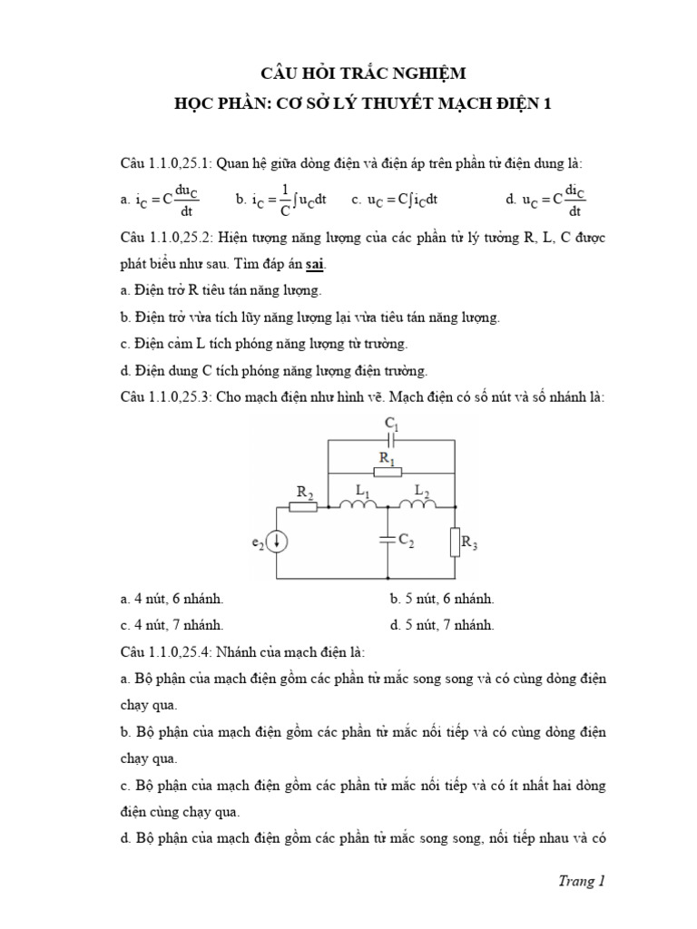 Câu Hỏi Trắc Nghiệm Học Phần: Cơ Sở Lý Thuyết Mạch Điện 1: C C C C C C C C | PDF