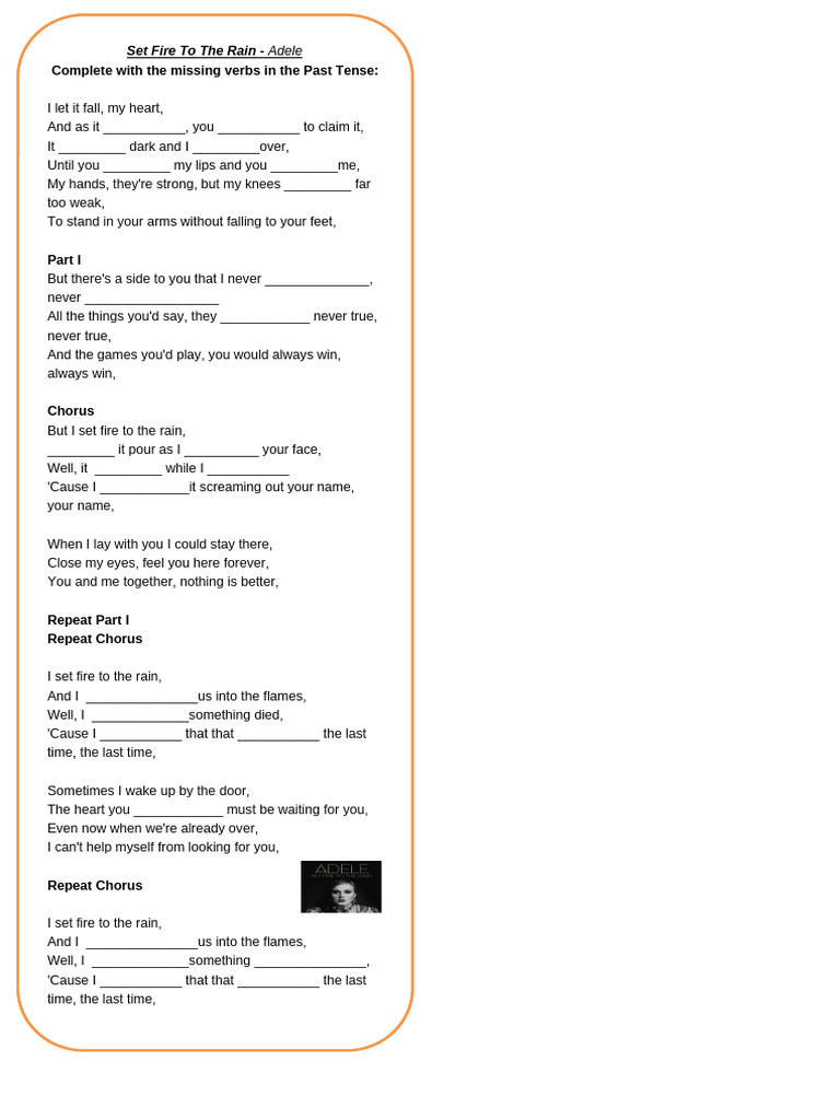 Past Tense Verbs for "Set Fire To The Rain" | PDF | Poetry