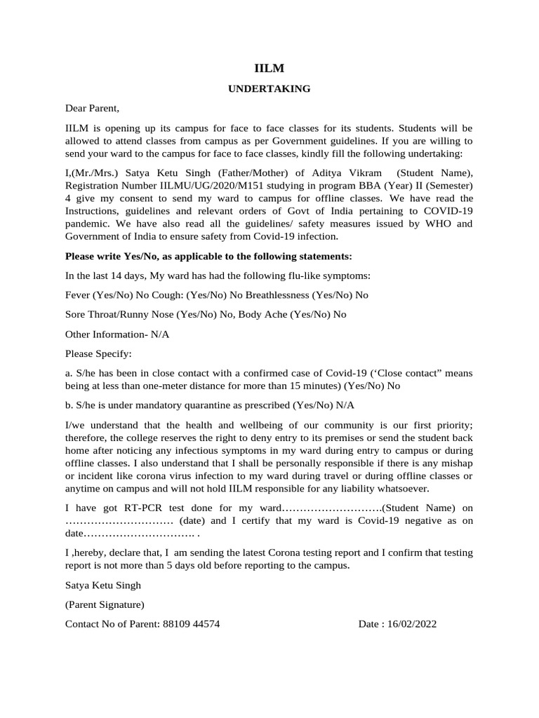 Parent Undertaking For Physical Joining of Campus (1) (3) . | PDF ...