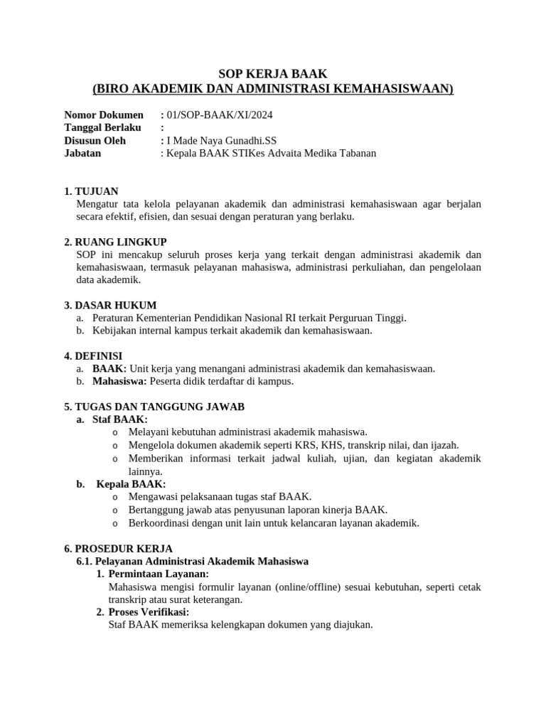 Sop Kerja Baak | PDF | Karier & Perkembangan