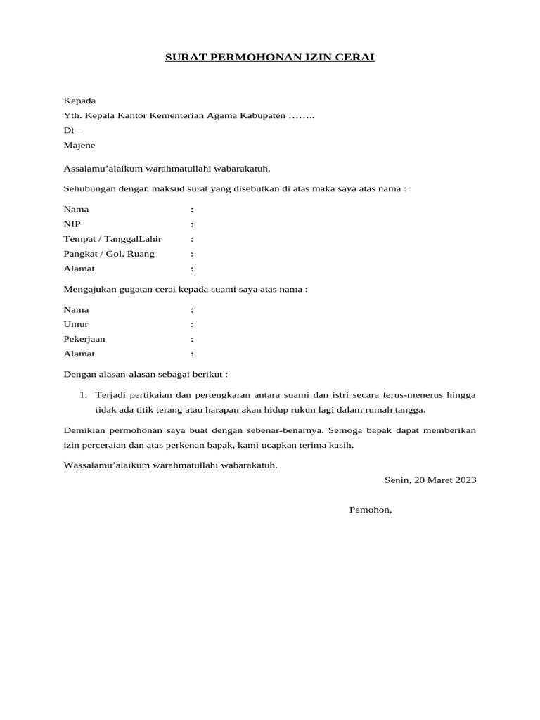 Contoh Permohonan Cerai Ke Kabupaten | PDF | Politik | Hukum