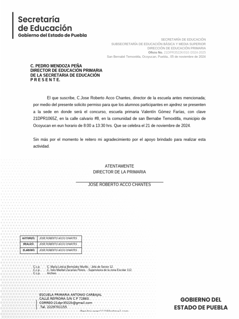 Permiso para Concurso de Ajedrez Escolar | PDF