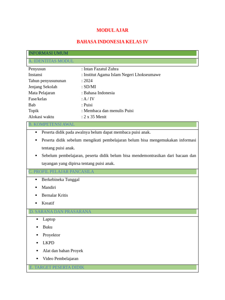 Modul Ajar Intan Bahasa Indonesia | PDF | Seni & Disiplin Bahasa