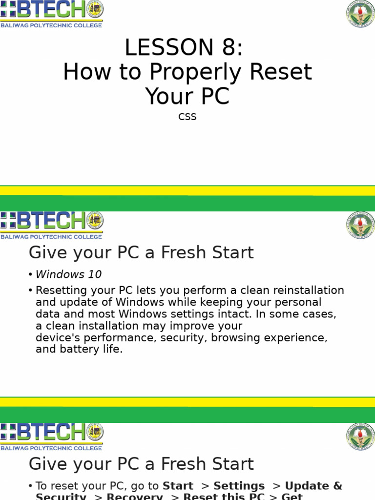 LESSON 8 How To Properly Reset Your PC | PDF