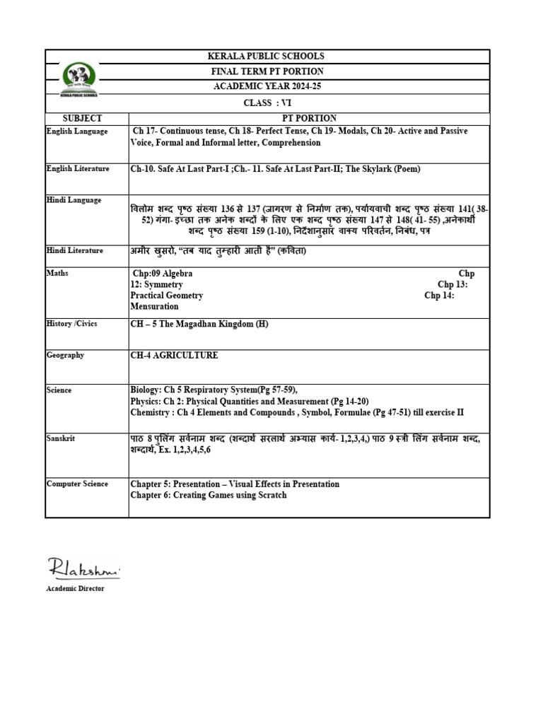 STD VI - PT Portion (Final Term) 2024-25 | PDF