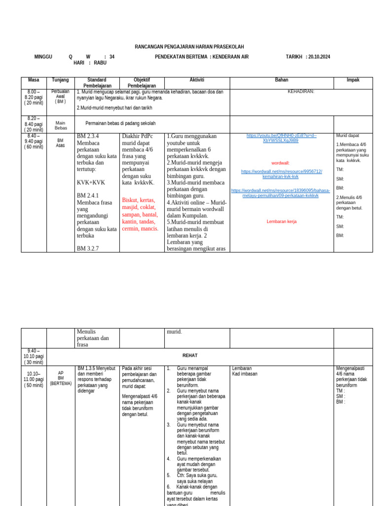 Rancangan Pengajaran Harian Prasekolah - Rabu | PDF
