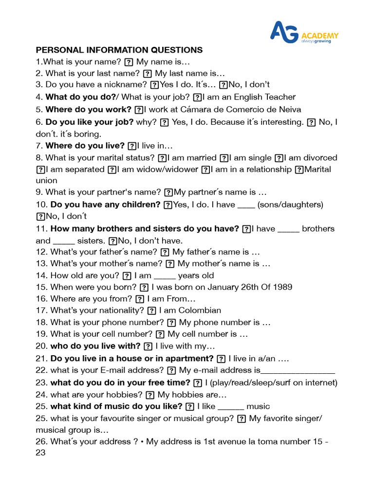 Personal Information Questions - AG Academy | PDF