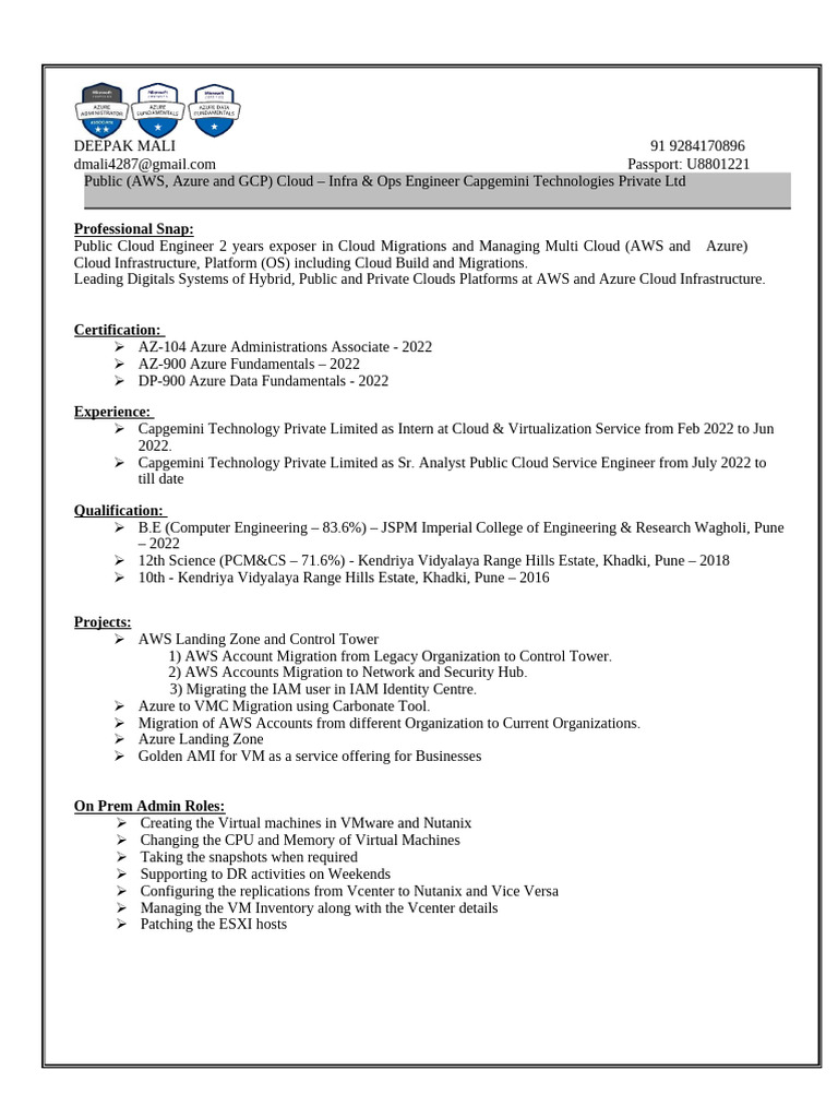 CV - Deepak Mali (Public Cloud) - 1 | PDF | Cloud Computing | Computing