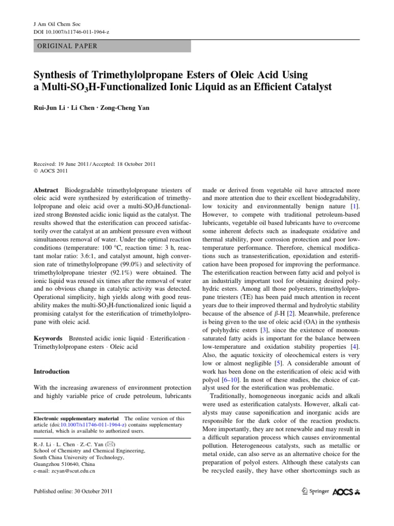 Synthesis of Trimethylolpropane Esters of Oleic Acid Using A Multi-SO3H-Functionalized Ionic ...