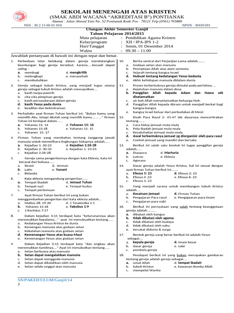 Soal Ulangan Umum Ganjil PAK Kelas XII 2014 | PDF