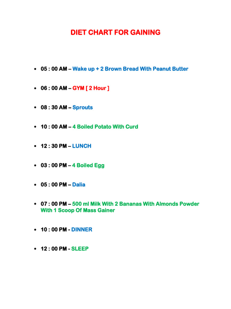 Diet Chart For Gaining | PDF