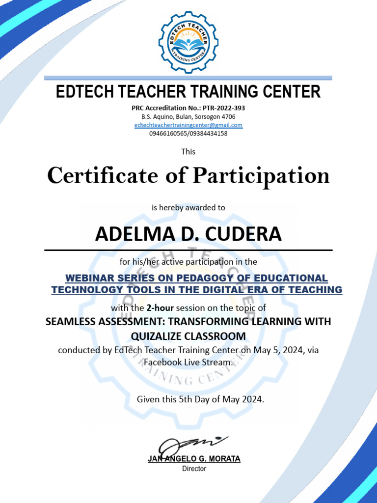 Adelma D. Cudera Certificate of Participation | PDF | Business