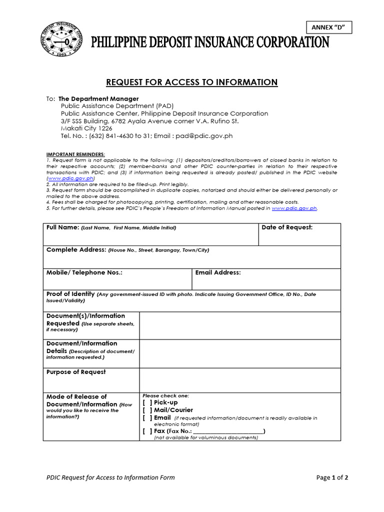 PDIC Access to Information Request Form | PDF | Identity Document | Justice