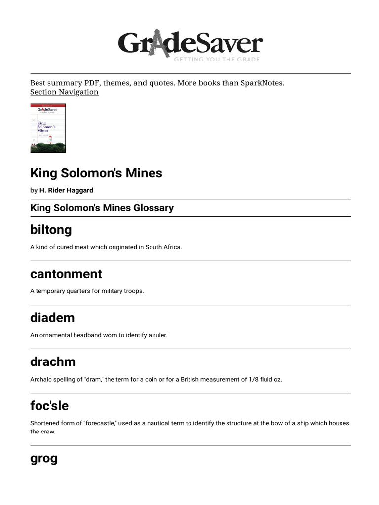 King Solomon's Mines Glossary - GradeSaver | PDF | H. Rider Haggard