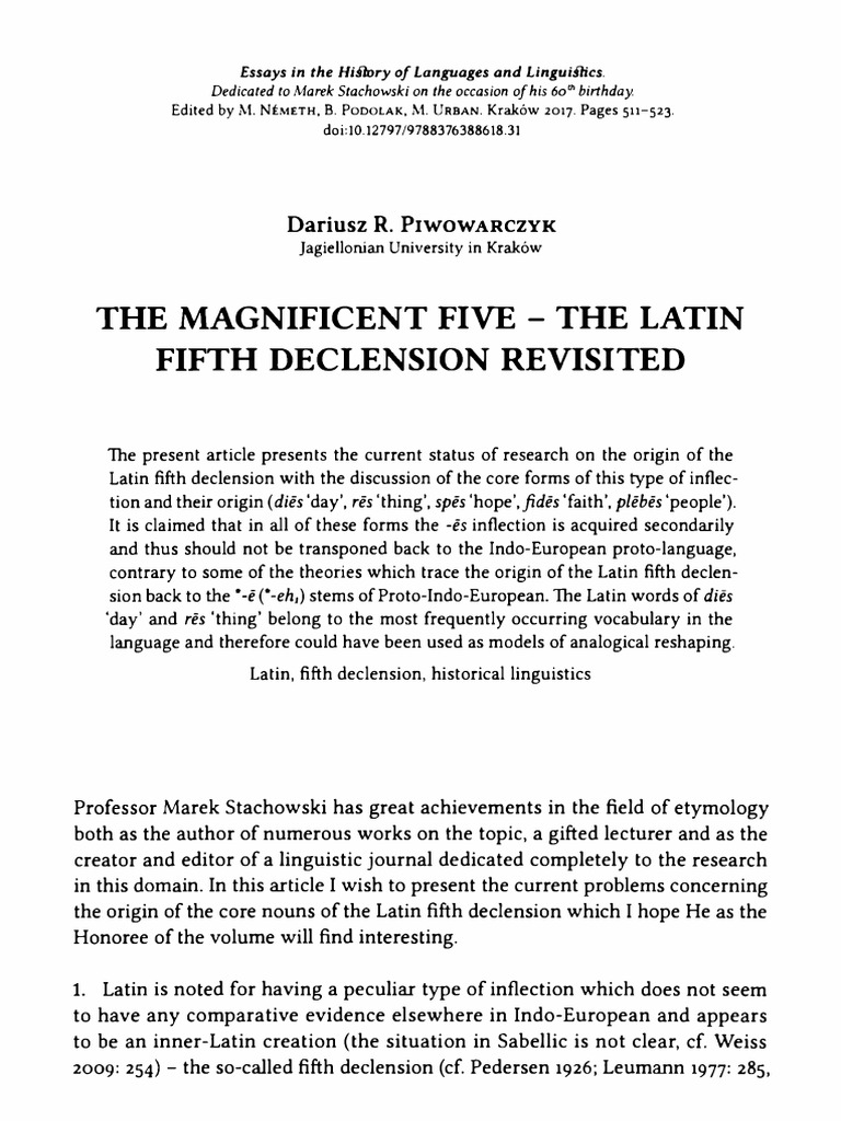 Piwowarczyk The Magnificent Five The Latin Fifth Declension Revisited ...