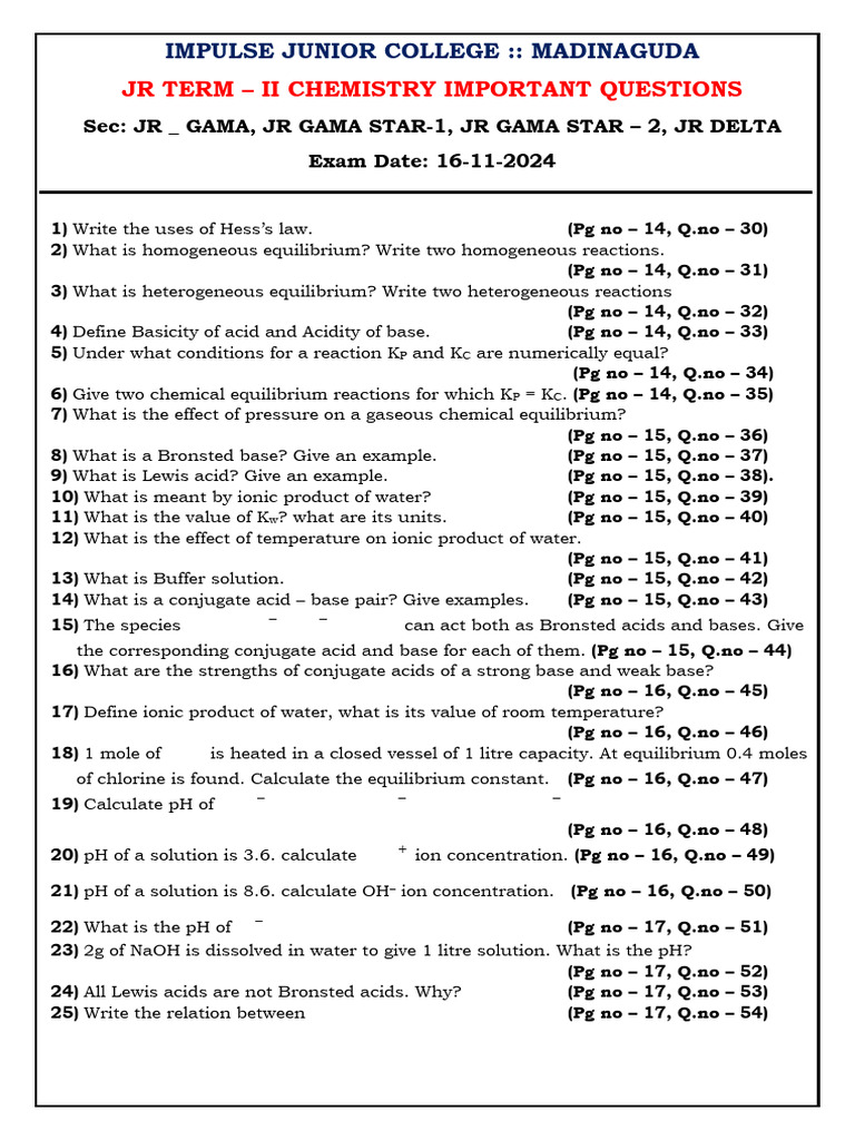 Important Chemistry Questions for JR Term II | PDF | Ph | Acid