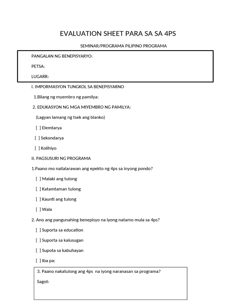 Evaluation Sheet para Sa Sa 4ps | PDF