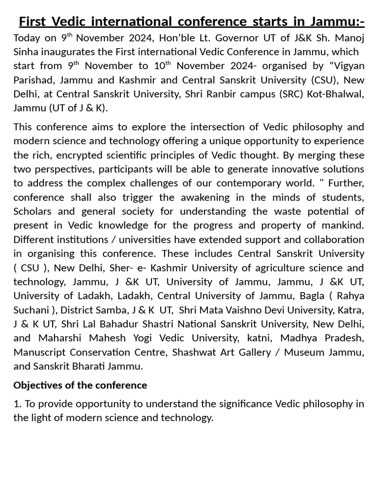 First Vedic International Conference Starts in Jammu | PDF | Sanskrit ...