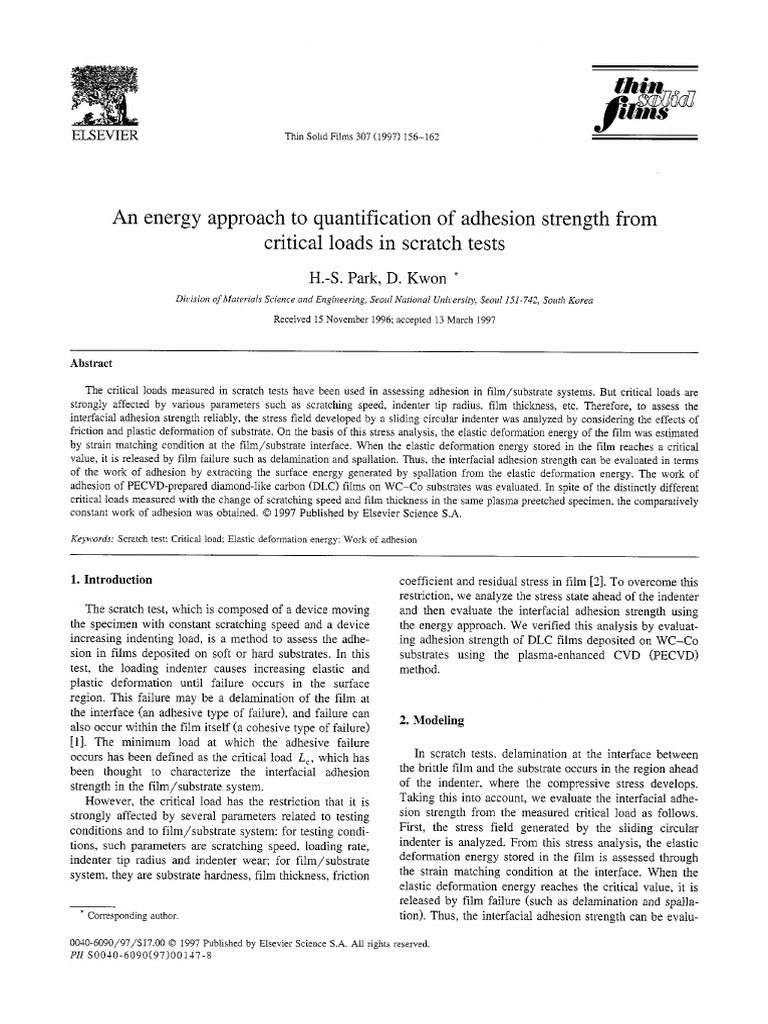An Energy Approach To Quantification of Adhesion Strength From Critical ...