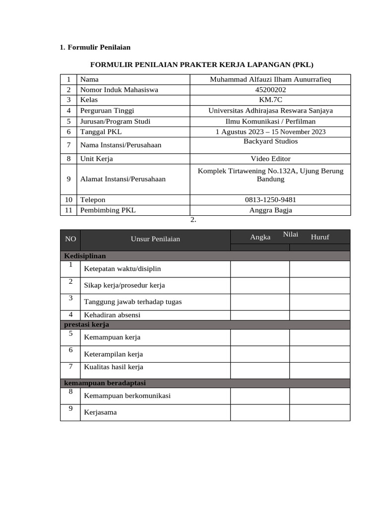 Lembar Penilaian PKL | PDF