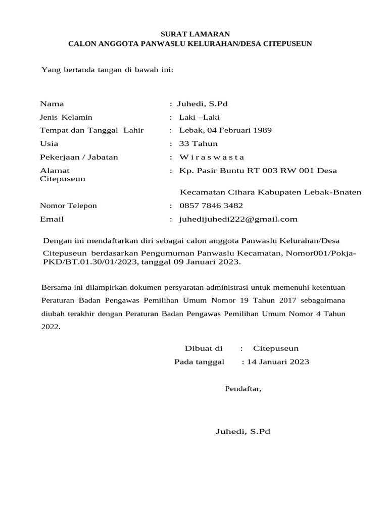 Berkas Lamaran Panwas Pak Juhedi | PDF