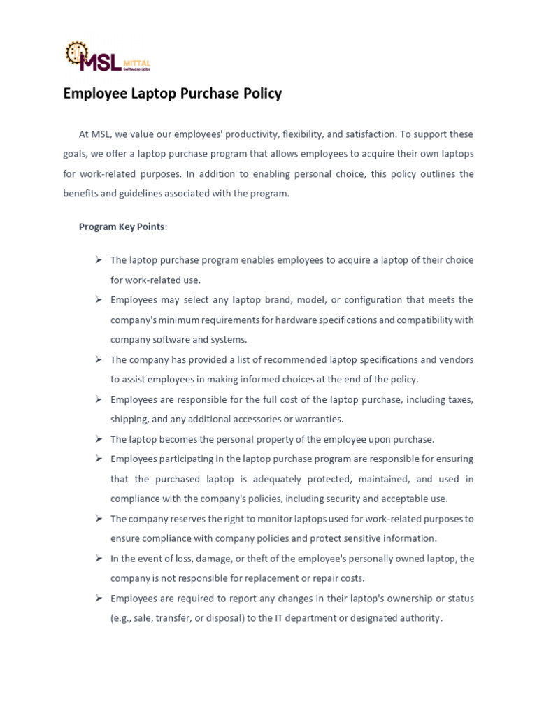 Laptop Purchase Policy | PDF | Laptop | Employment
