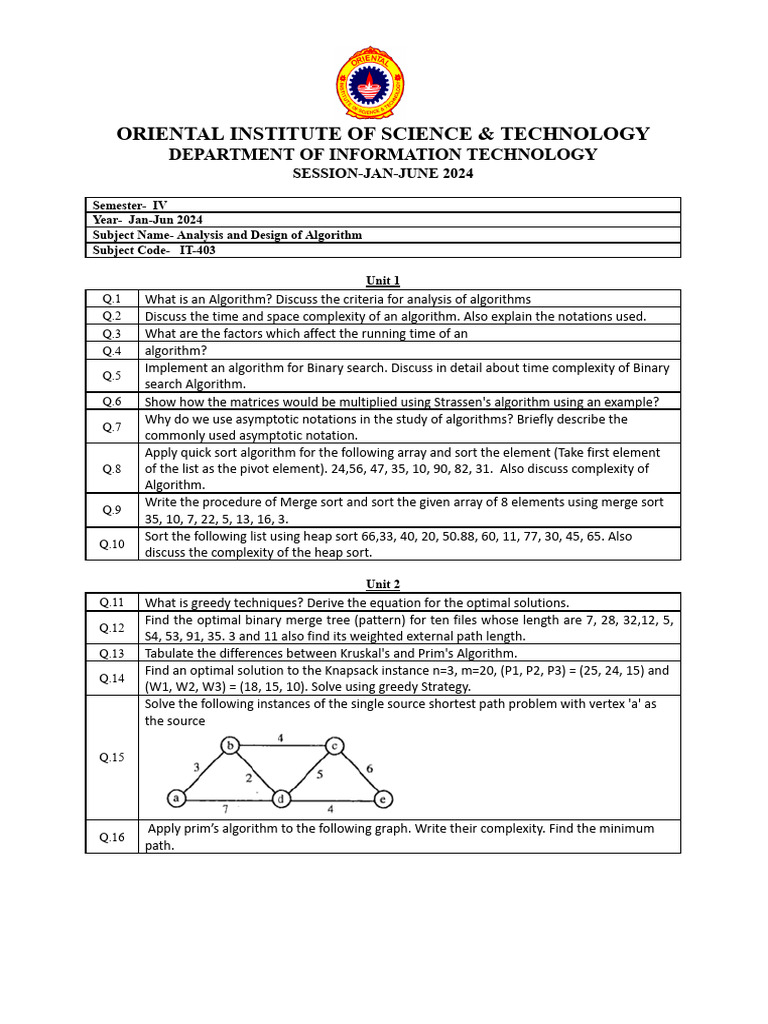 Ada Unit-1 To 5 Assignment PP Question It | PDF | Dynamic Programming | Mathematical Relations