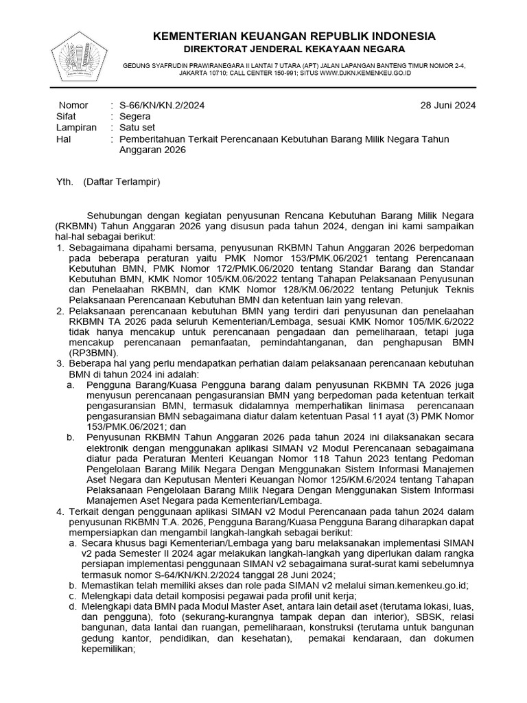 S-66 - KN - KN.2 - 2024 Pemberitahuan Terkait Perencanaan Kebutuhan Barang Milik Negara Tahun ...