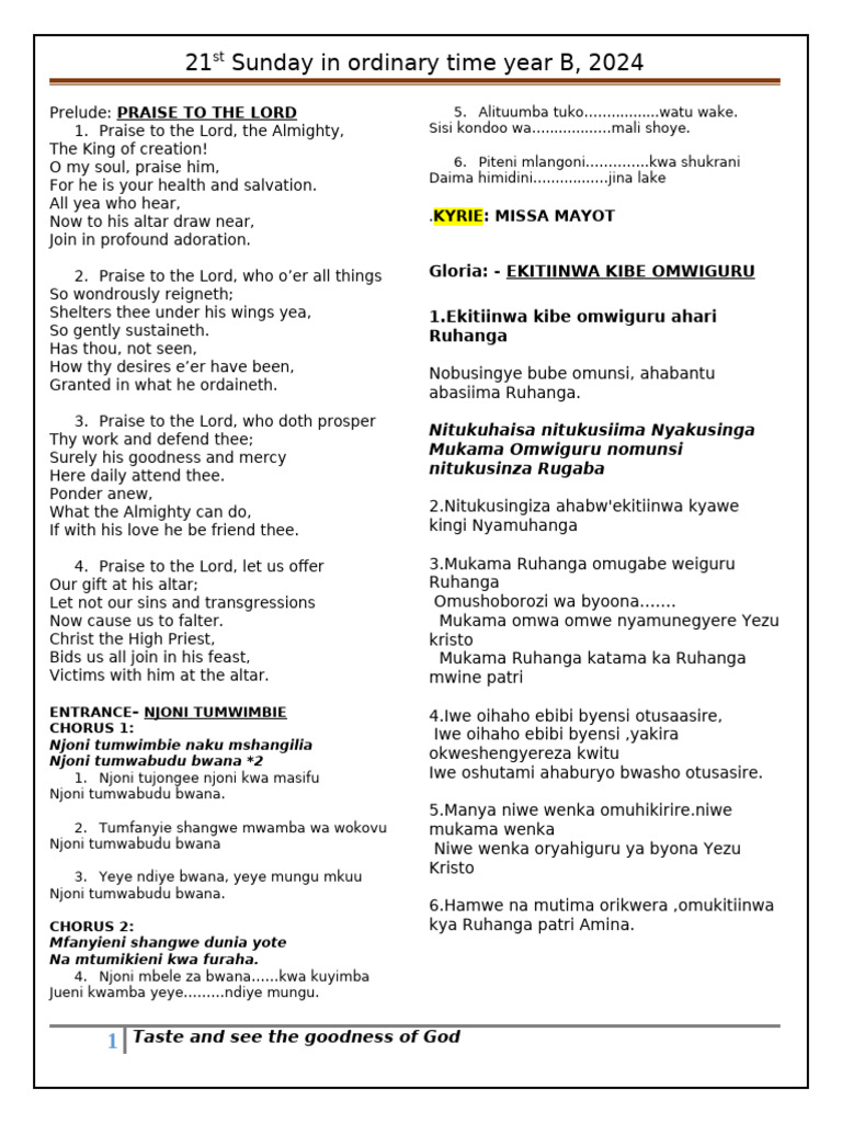 21st Sunday in Ordinary Time Year B 2024 | PDF | Mass (Liturgy ...
