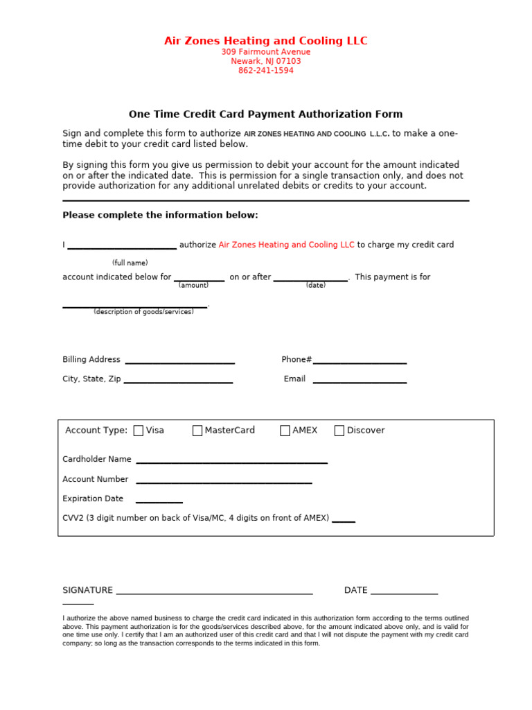 Air Zones CC Authorization Form-One Time Payment | PDF | Business ...