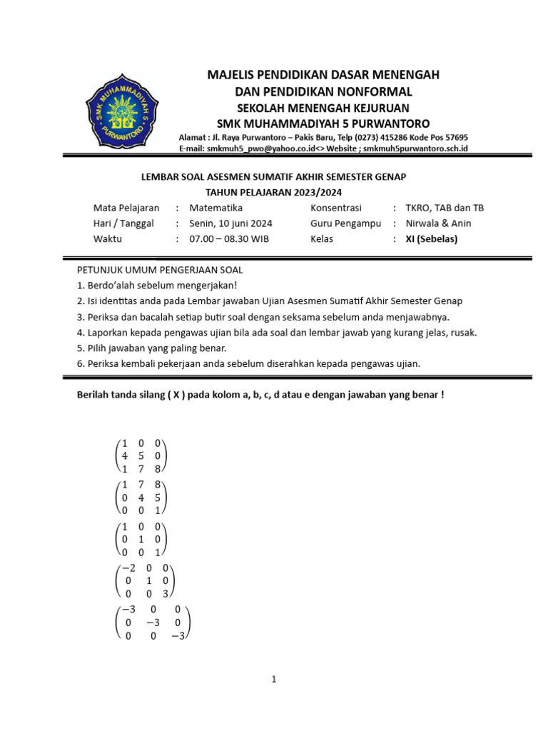 Kelas Xi - Matematika - TKR TB Tab - Soal Asas Semester Genap | PDF