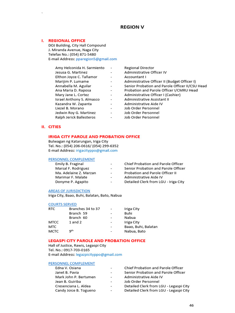 Region V Parole and Probation Offices Directory | PDF | Criminal ...