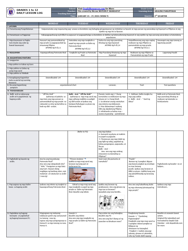 DLL - Araling Panlipunan 5 - Q2 - W9 | PDF