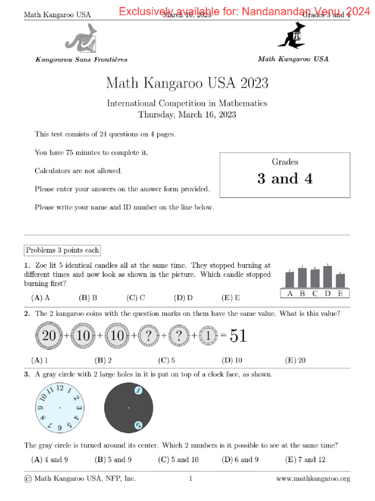2023 Questions Grades 3&4 Kangaroo | PDF