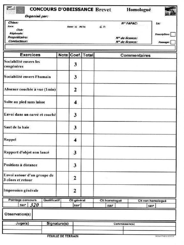 Brevet Obéissance Canine 2024 Feuille Notation | PDF