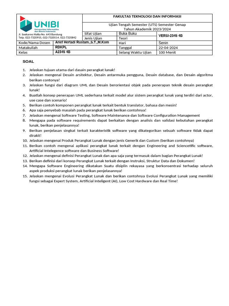 Soal Uts Kelas A2345 Rekayasa Desain Konstruksi Perangkat Lunak | PDF | Seni | Komputer