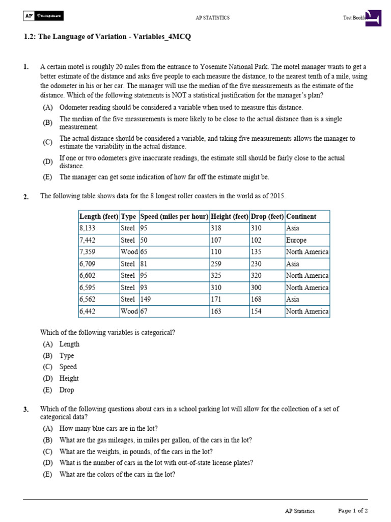 1.2 The Language of Variation - Variables - 4MCQ - Ans | PDF | Categorical Variable | Statistics