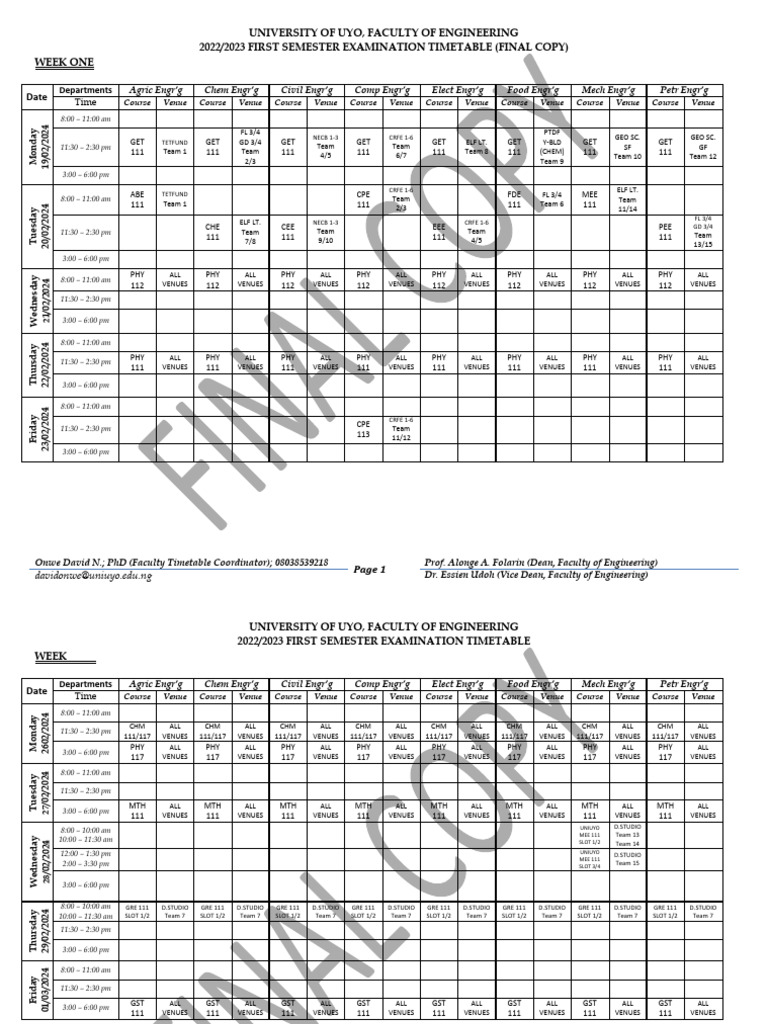 2022-2023 First Semester Exam Timetable - Faculty of Engineering | PDF