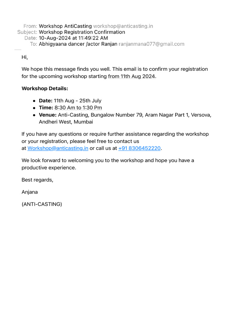 Workshop Registration Confirmation | PDF