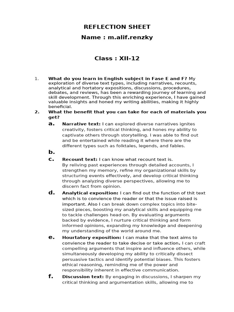 REFLECTION SHEET - M. Alif. Rensky | PDF | Critical Thinking | Narrative